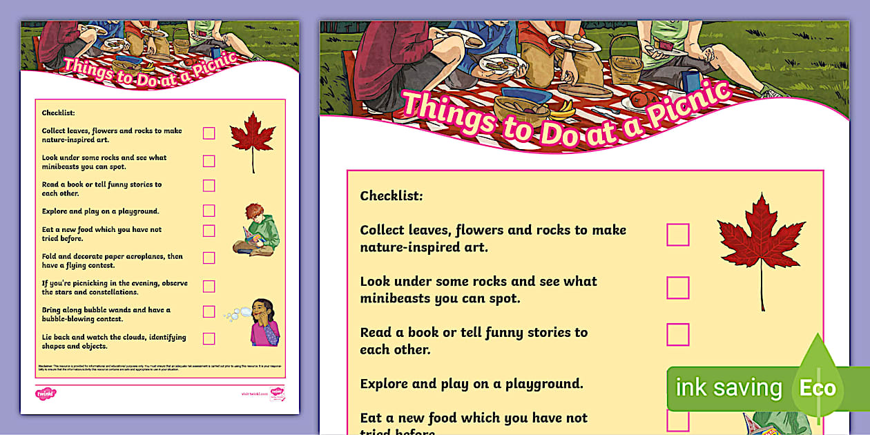 Things to Do at a Picnic Checklist Activity - Twinkl
