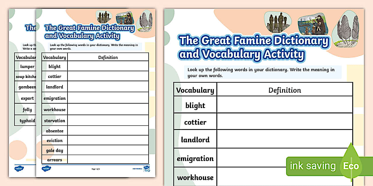 The Great Famine (Dictionary and Vocabulary Activity Sheet)