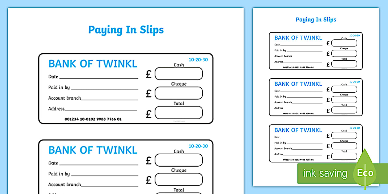 Editable Bank Role Play Paying In Slips (teacher made)