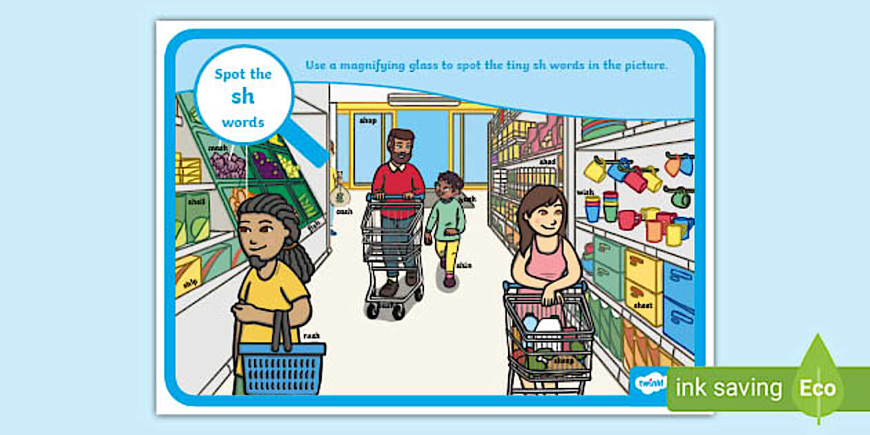 Phase 3 sh Words Shopping Scene Magnifying Glass Worksheet