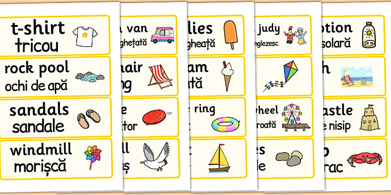 Seaside Word Cards Romanian Translation (teacher made)