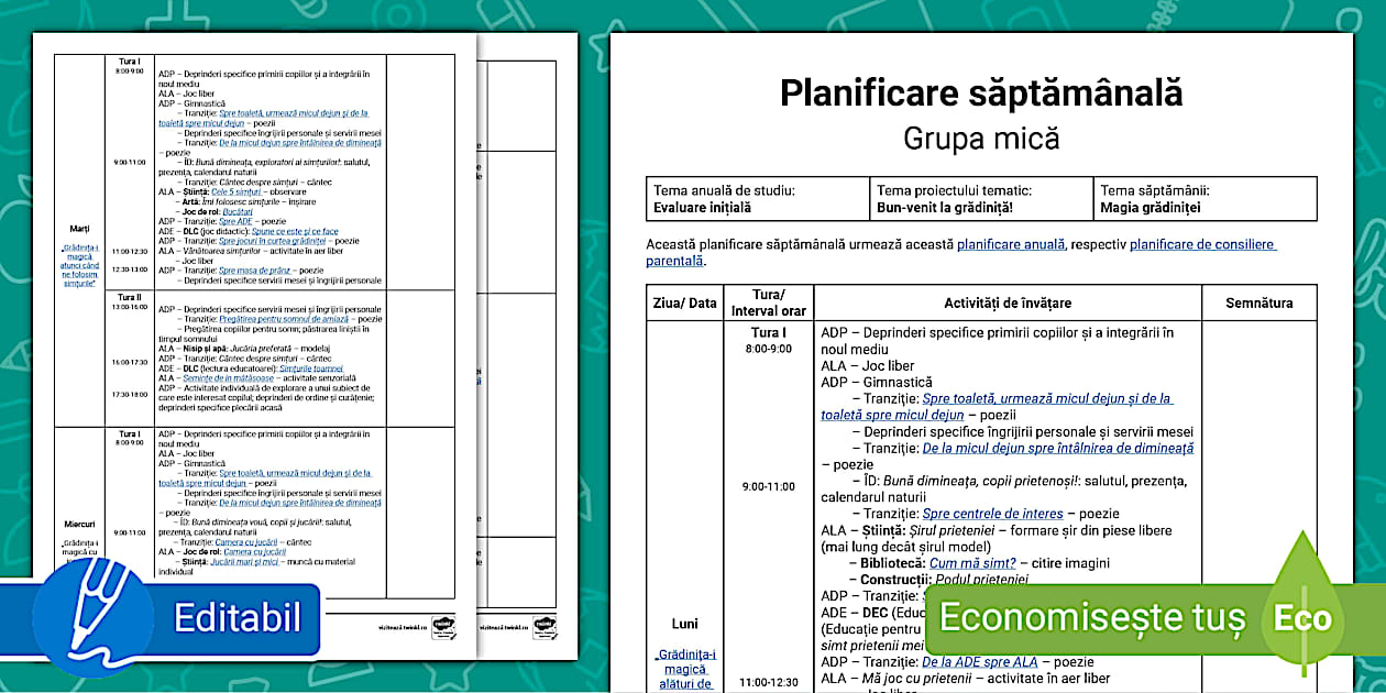 FREE! - Magia grădiniței Model de planificare săptămânală grupa mică