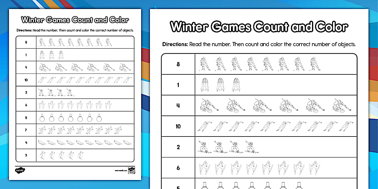 Winter Games Count and Color Worksheet for PreK-K - Twinkl