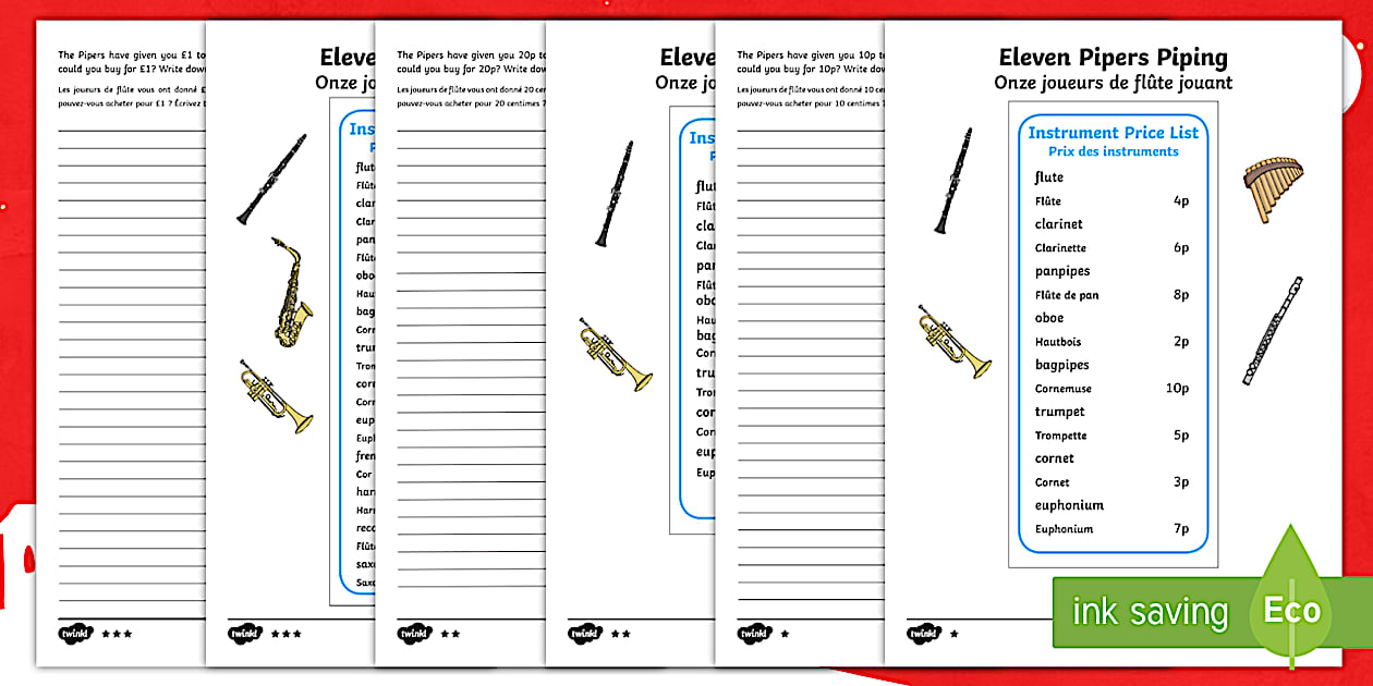 Eleven Pipers Piping Worksheet / Worksheet English/French