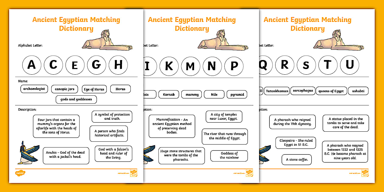 Ancient Egypt Matching Dictionary Worksheet - Twinkl