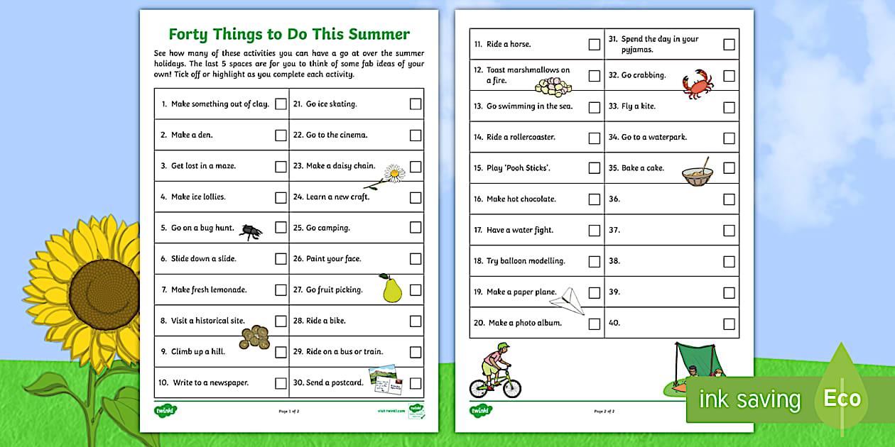 Forty Things to Do This Summer Worksheet / Worksheet