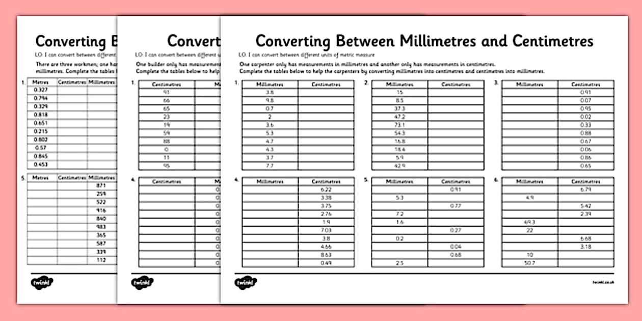 Converting Between m to cm to mm Worksheet (teacher made)