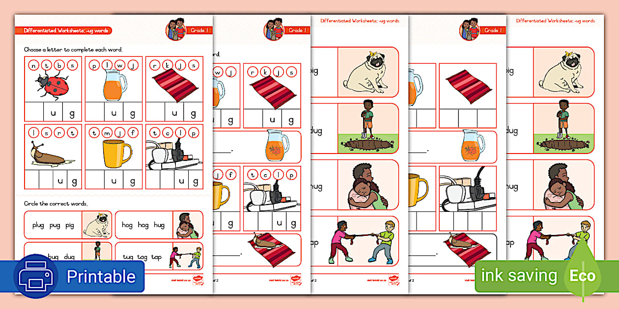 Grade 1 Phonics: -ug Differentiated Worksheets - Twinkl