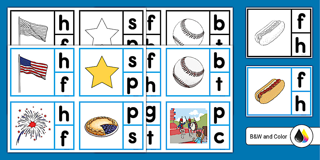 Fourth of July Beginning Sounds Clip Cards for K-1st Grade
