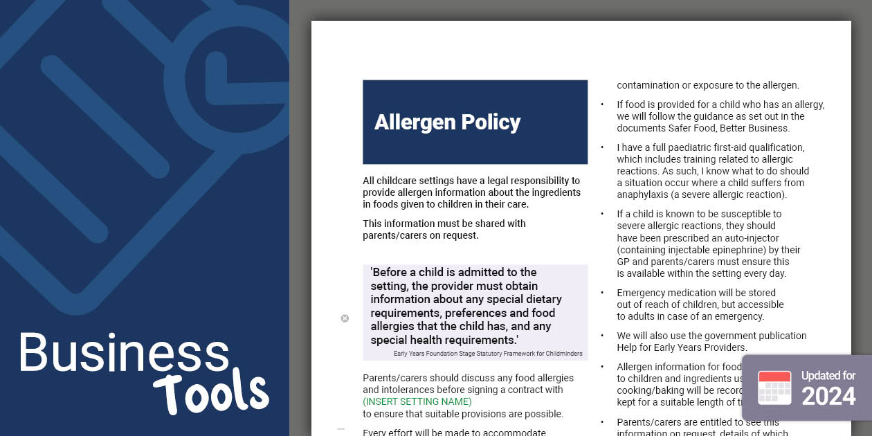 Allergen Policy for Childminders (Teacher-Made) - Twinkl