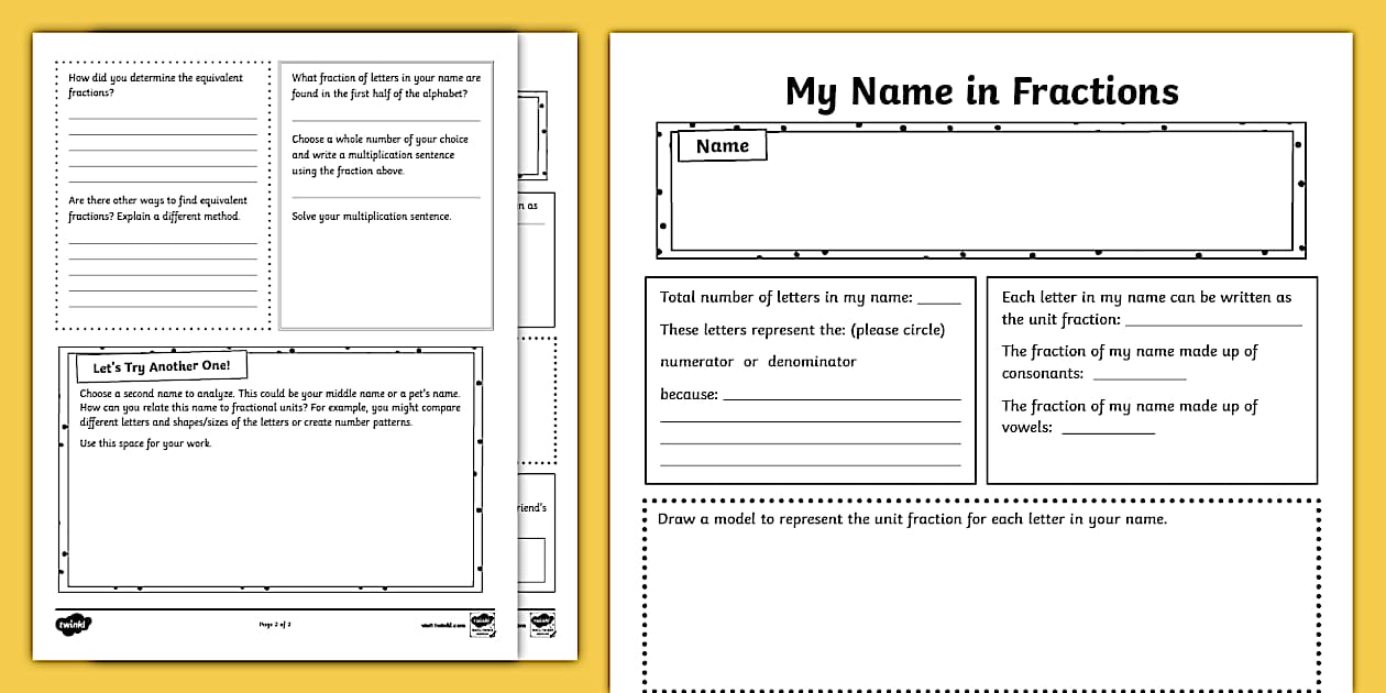 My Name in Fractions Art Worksheet for 3rd-5th Grade