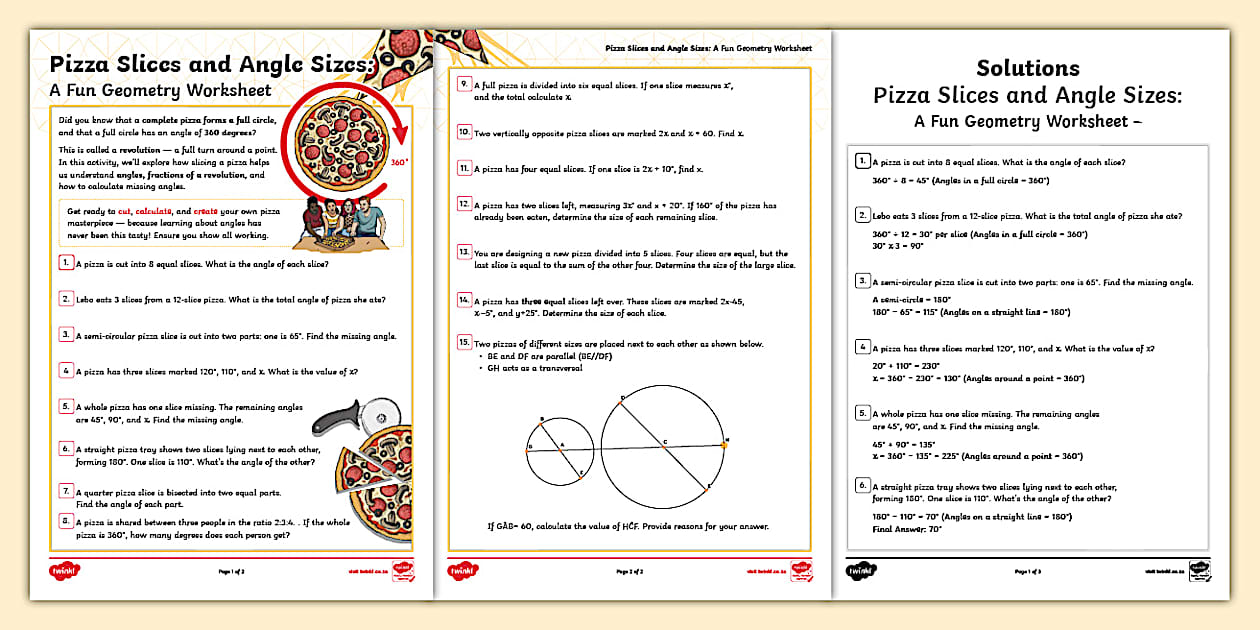 Pizza-Themed Geometry Worksheet on Angles (teacher made)