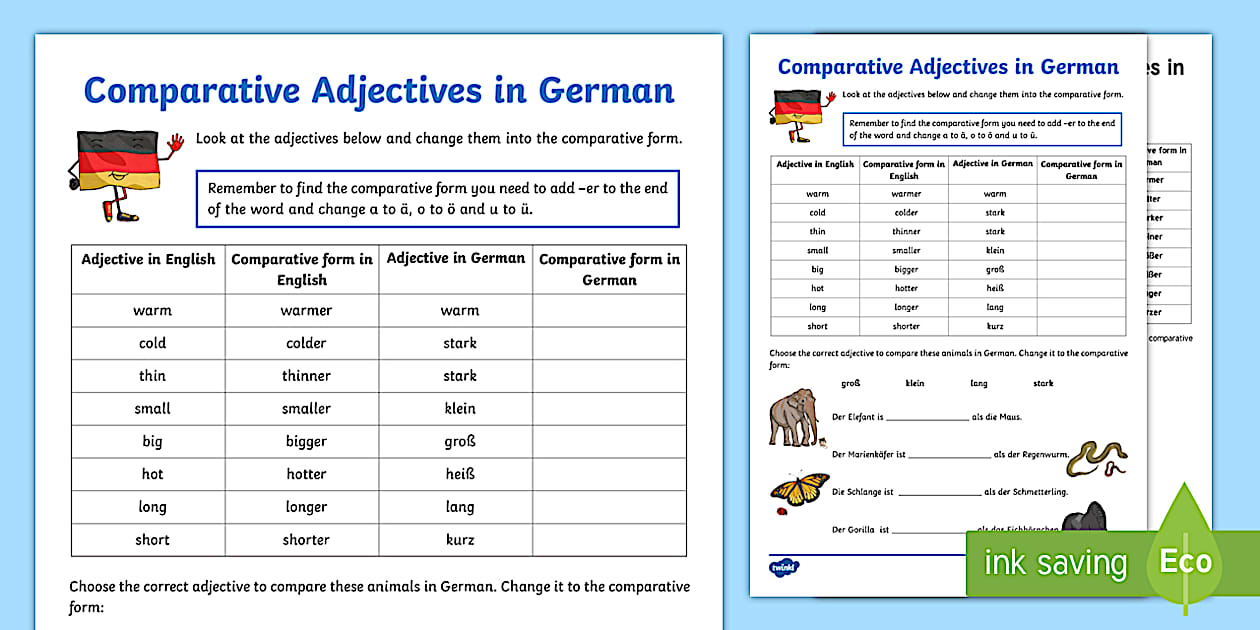 Comparative Adjectives Worksheet / Worksheet German - Twinkl