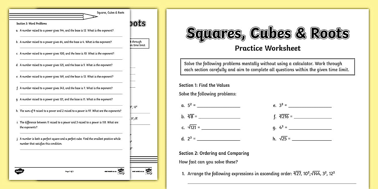 Grade 7 Squares, Cubes & Roots: Practice Worksheet