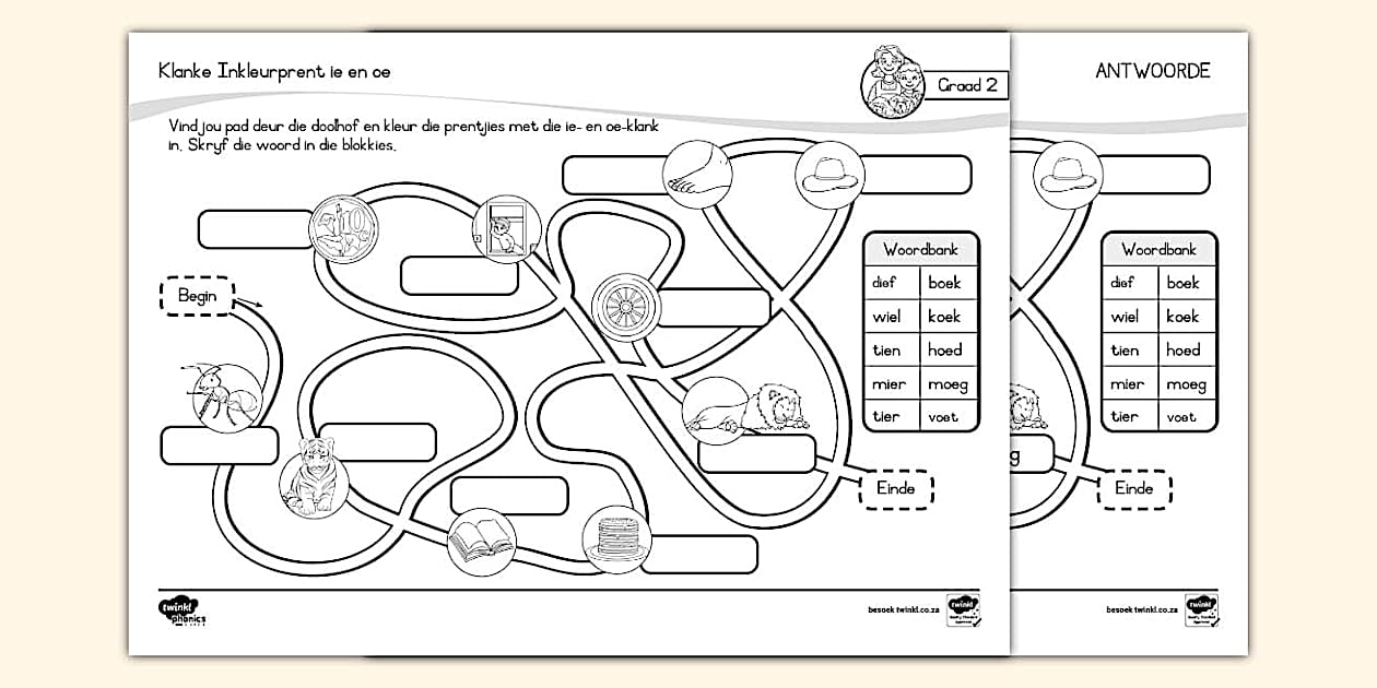 Graad 2 Klanke Inkleurprent ie en oe (Teacher-Made) - Twinkl