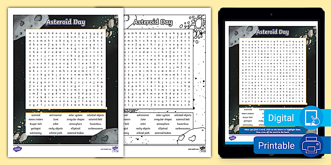 Asteroid Day Word Search for 6th-8th Grade - Twinkl
