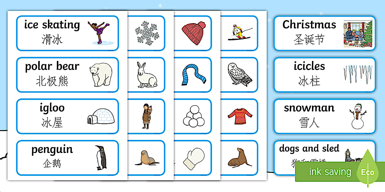 Winter Topic Word Cards English/Mandarin Chinese - Twinkl