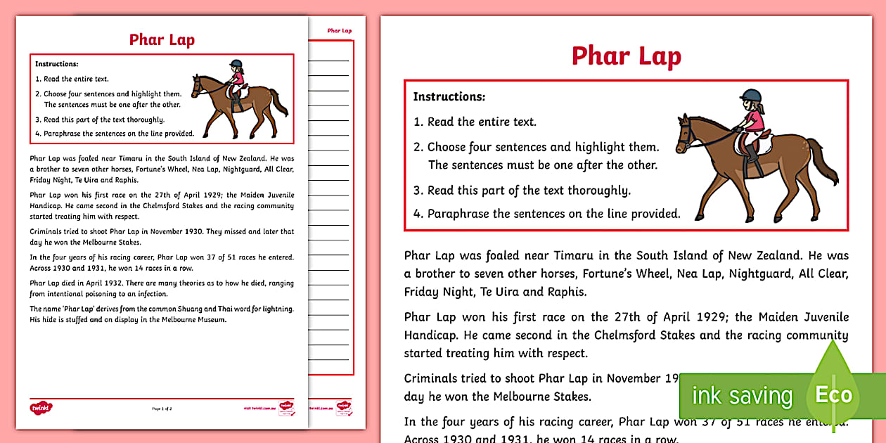 Phar Lap Paraphrasing Worksheet (teacher made) - Twinkl