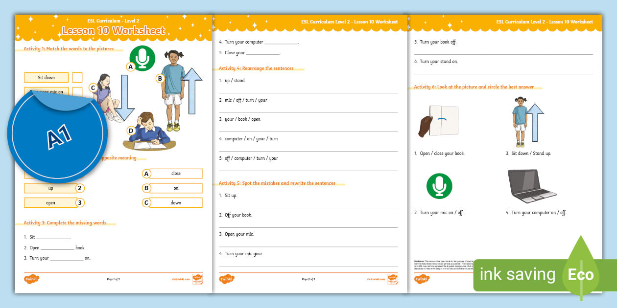 ESL Curriculum for Beginners Level 2 Lesson 10 Worksheet Twinkl