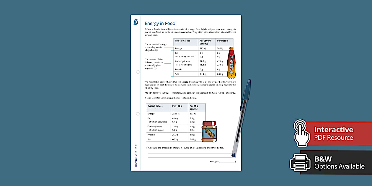 Energy in Food Independent Learning Worksheet - Twinkl