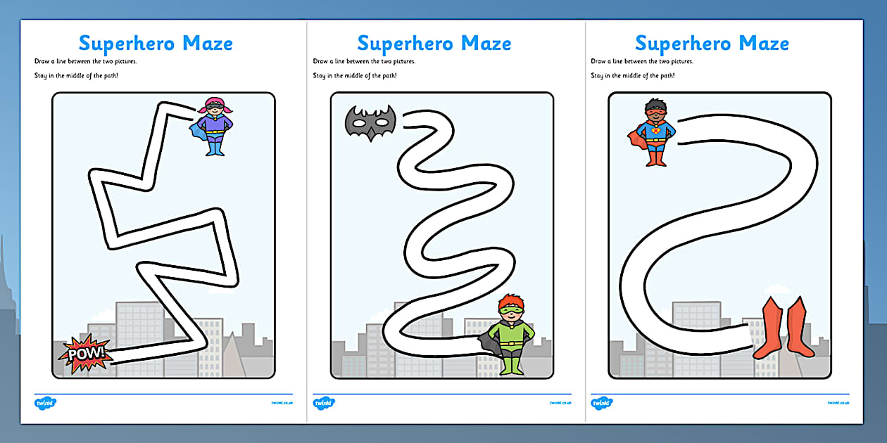 Superheroes Pencil Control Path Worksheets - Twinkl