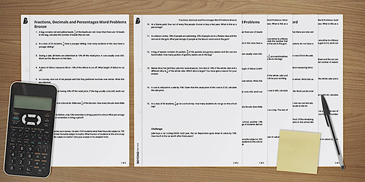 Editable Maths Word Problems: Fractions, Decimals and Percentages