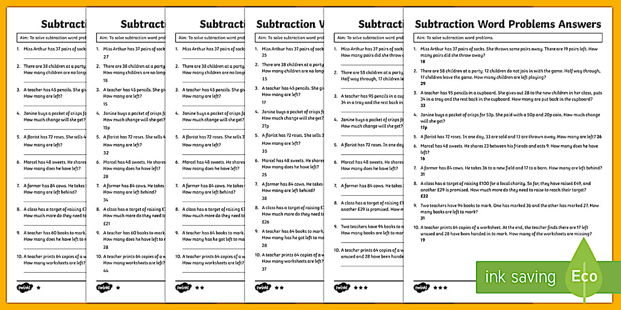 Year 2 Subtraction Word Problems | Teacher-Created | Twinkl