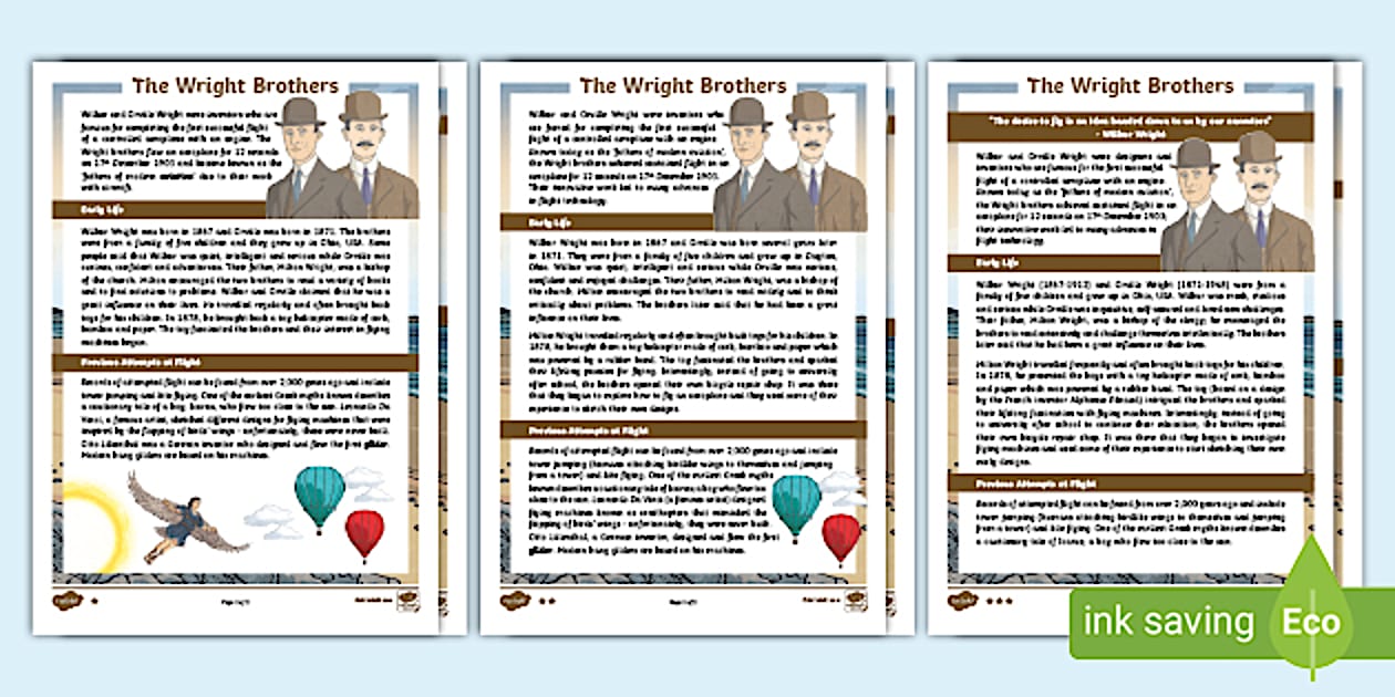 UKS2 The Wright Brothers Differentiated Reading Comprehension Activity