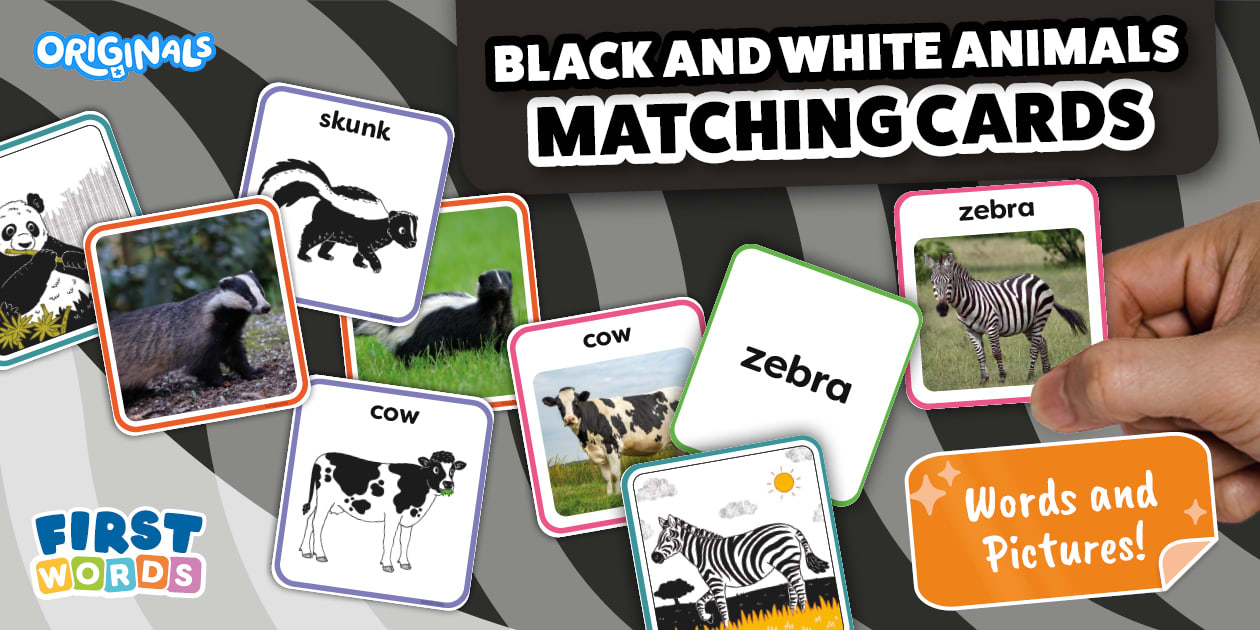 Black and White Animals Word and Picture Matching Cards