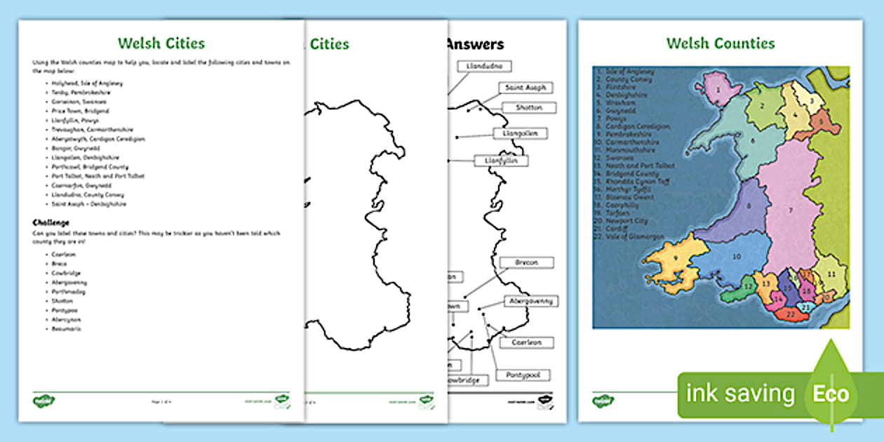 Editable Welsh Cities and Counties Map Activity - Twinkl