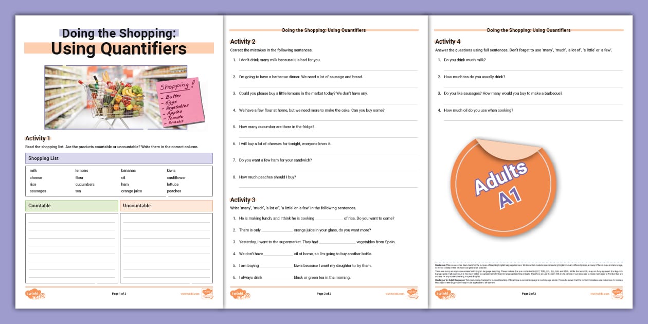 ESL Shopping: Using Quantifiers Activity Sheet [Adults, A1]