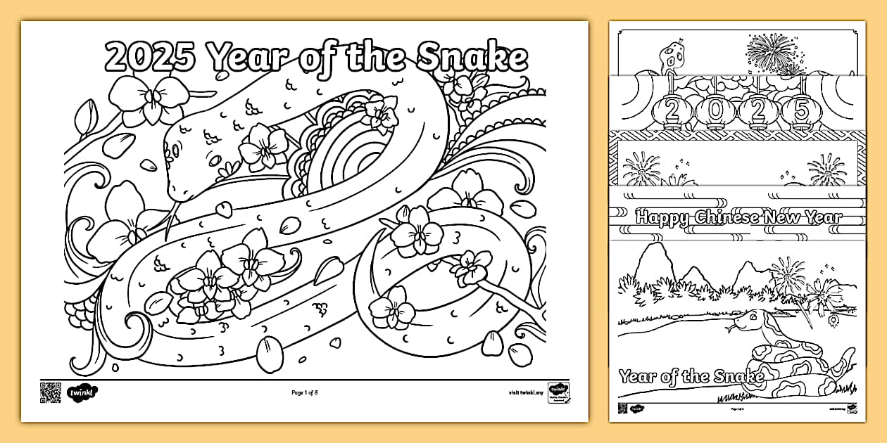 Year of the Snake 2025 Chinese New Year colouring pages