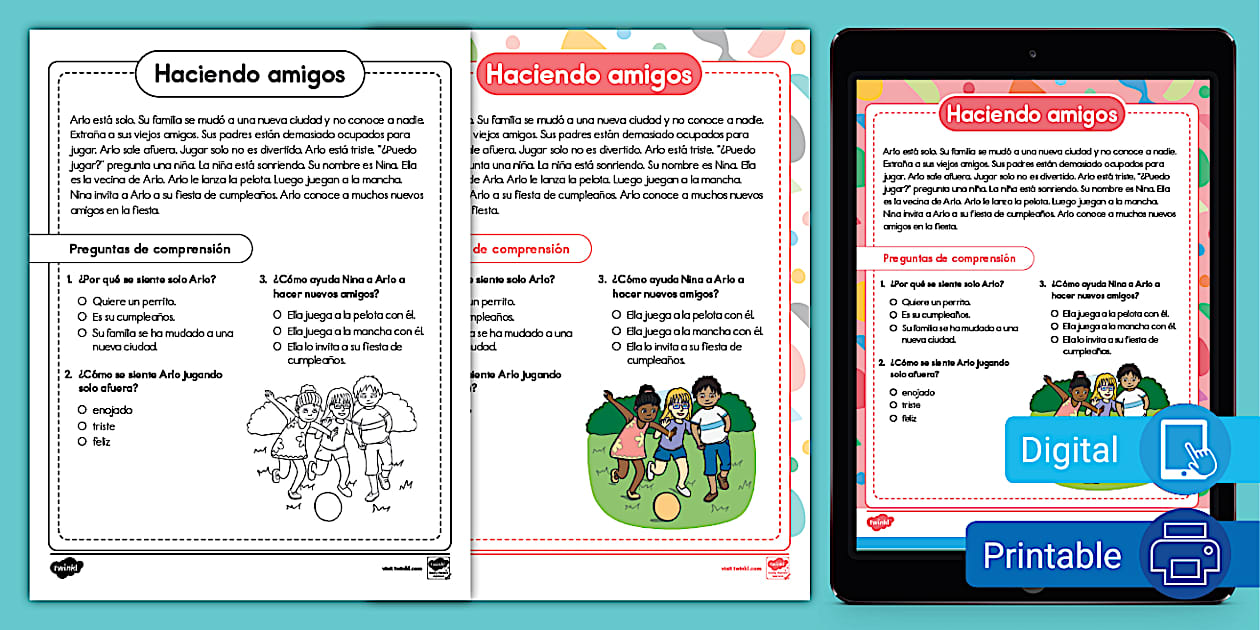 Actividad de comprensión de lectura para kindergarten: Haciendo amigos