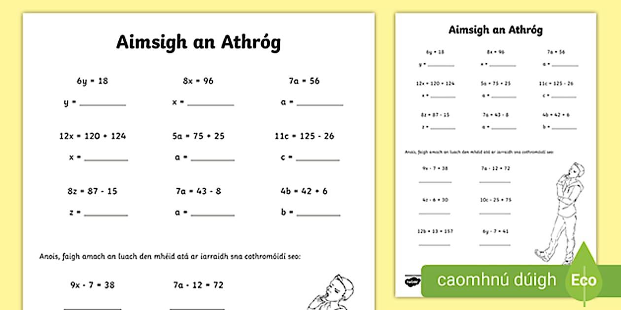 Find the Value of the Variable Worksheet Gaeilge - Twinkl