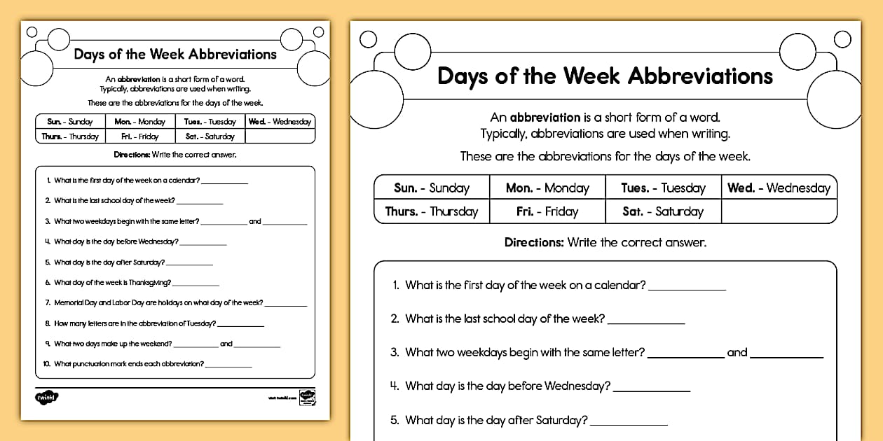 Second Grade Days of the Week Abbreviations Activity