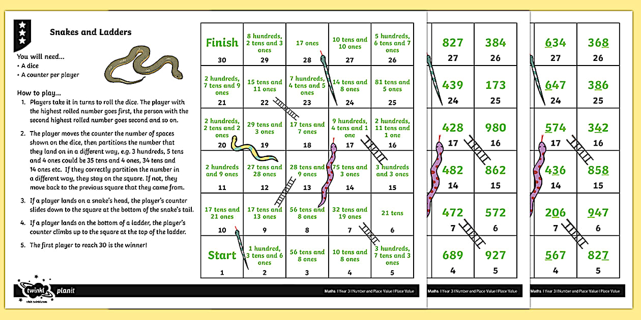 Recognising Place Value Three-Digit Numbers Differentiated Board Game