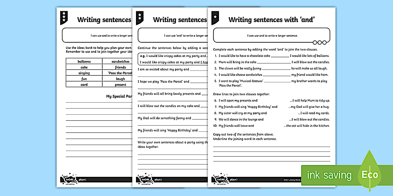 Higher Ability Joining Words and Clauses Using and Application Worksheet