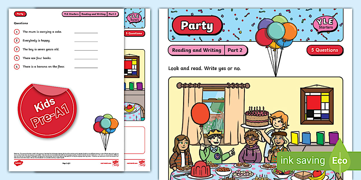 YLE Starters - Reading and Writing Part 2 (Party) - Twinkl