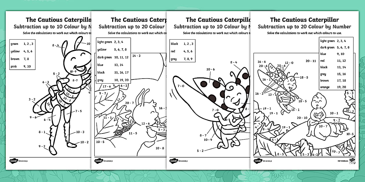 The Cautious Caterpillar Subtraction Colour by Number