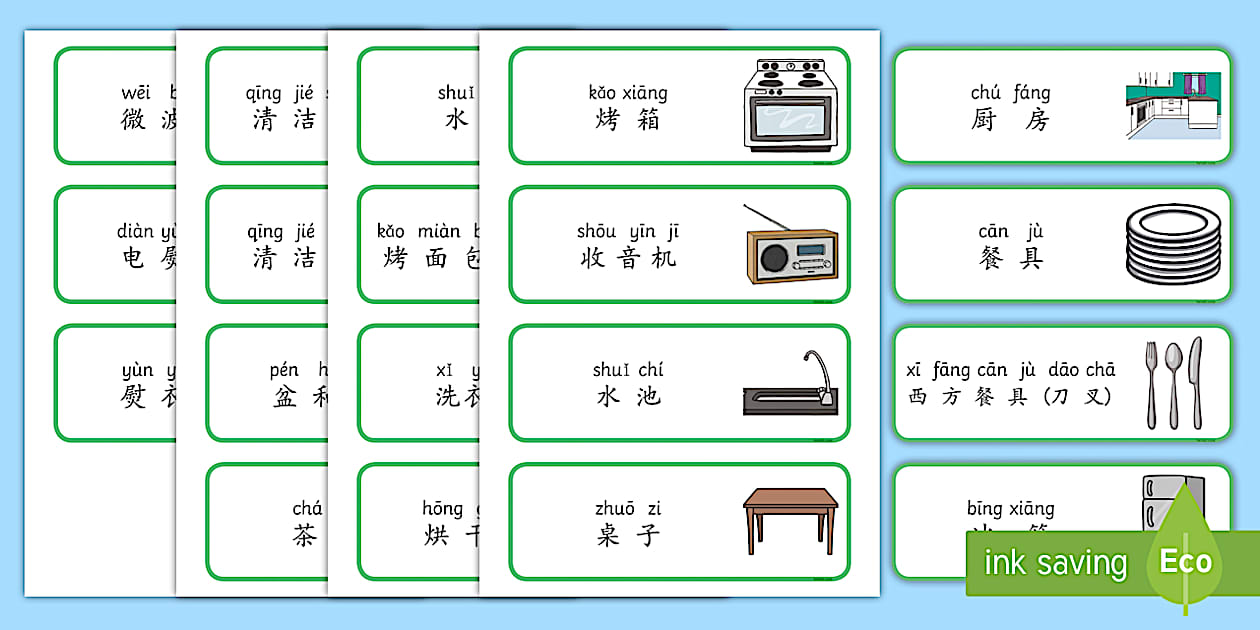 Kitchen Word Cards - 厨房，词汇，词汇卡片，拼音