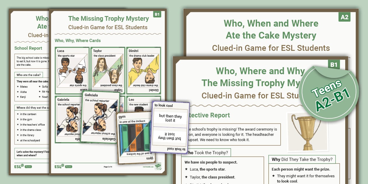 ESL Who Where Why Clued-In Mystery Game (teacher made)