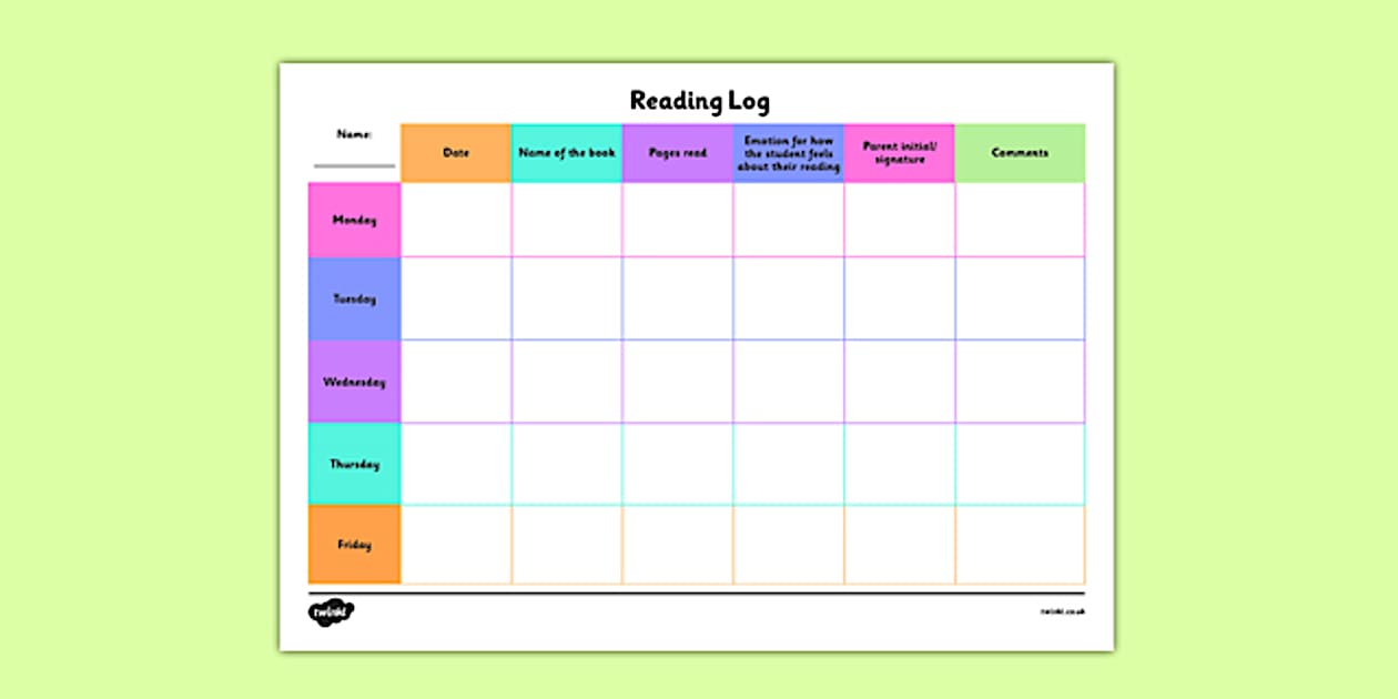 Blank Log Sheet Template For Reading - English - 3-4