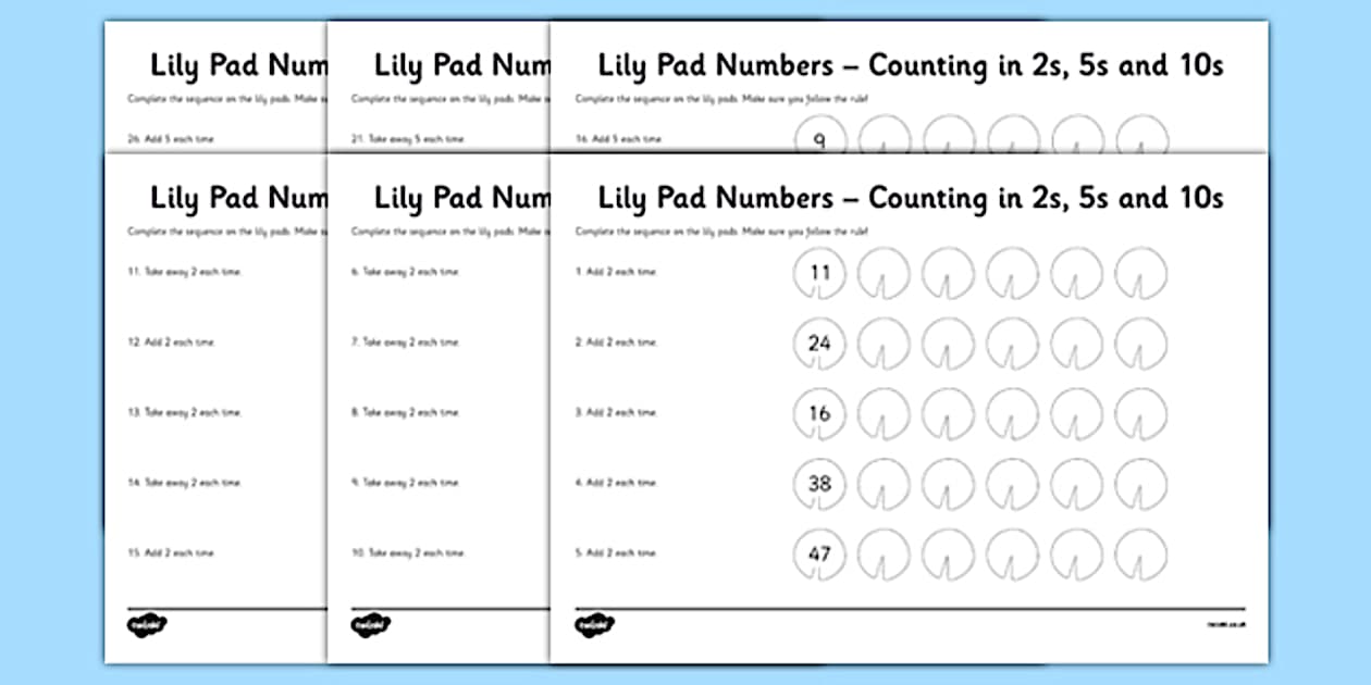 Cursive Lily Pad Counting in 2s 5s and 10s Worksheet Pack