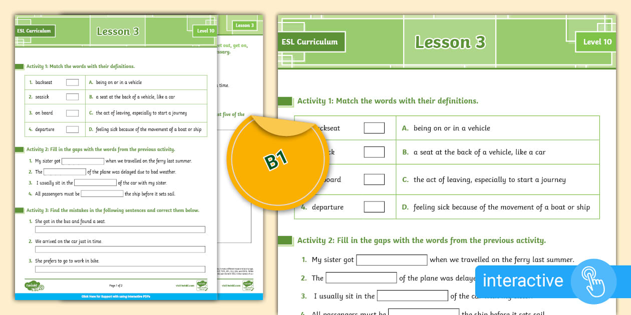 ESL Curriculum Level 10 Lesson 3 Interactive Activity Sheet
