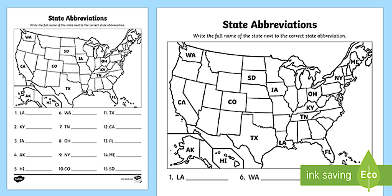 United States Abbreviations Map Worksheet for 3rd-5th Grade