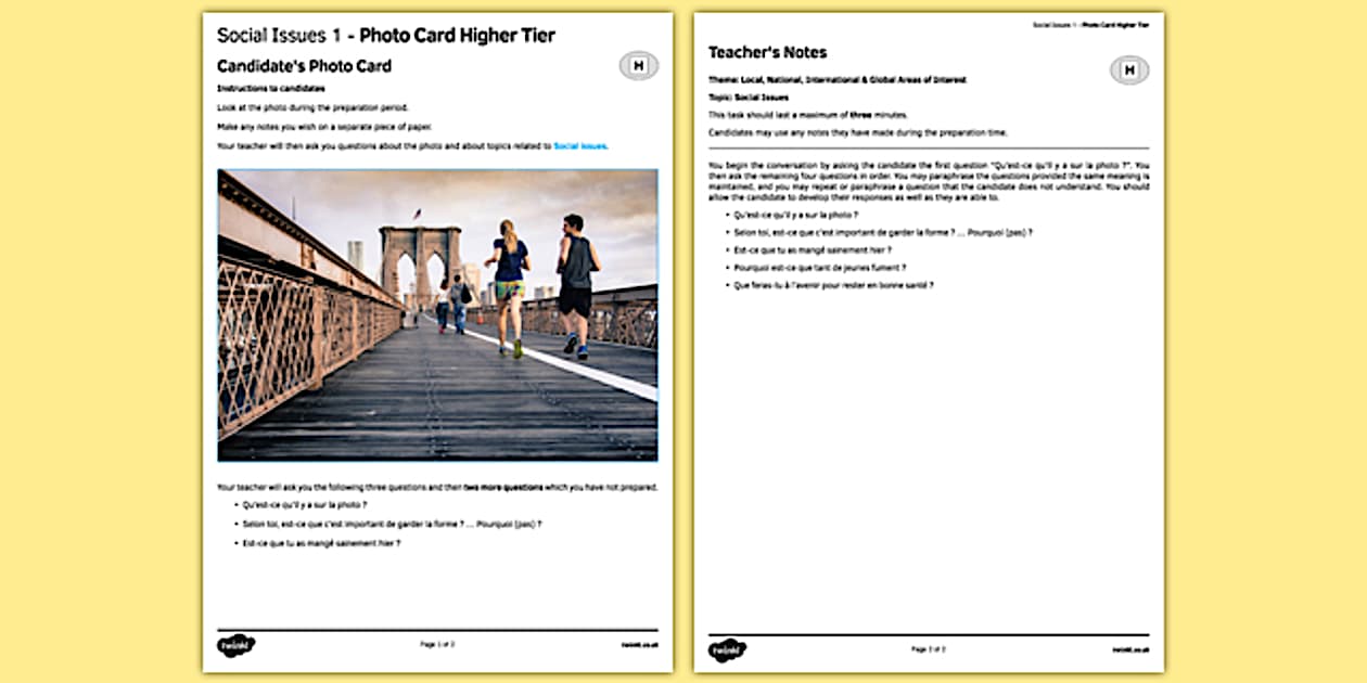 Social Issues 1 GCSE Higher Tier Photo-Card French - Twinkl