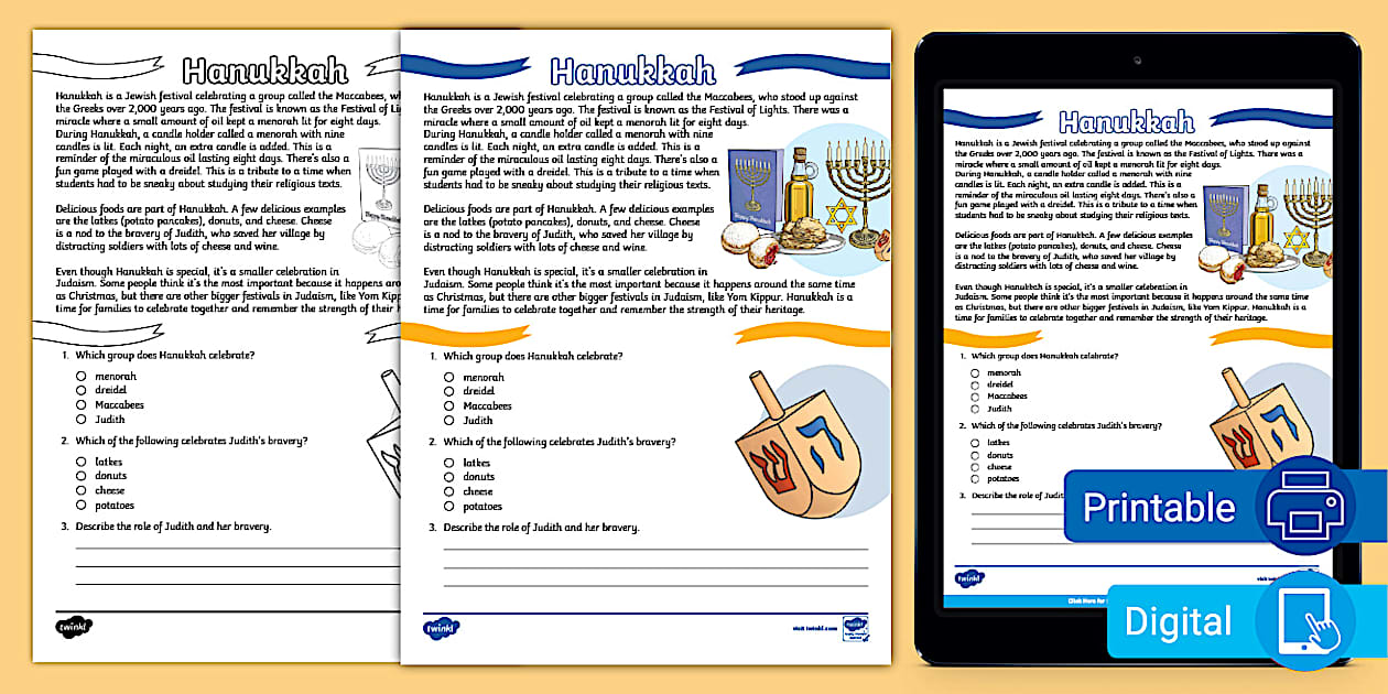 Fifth Grade Hanukkah Reading Passage Comprehension Activity Worksheet