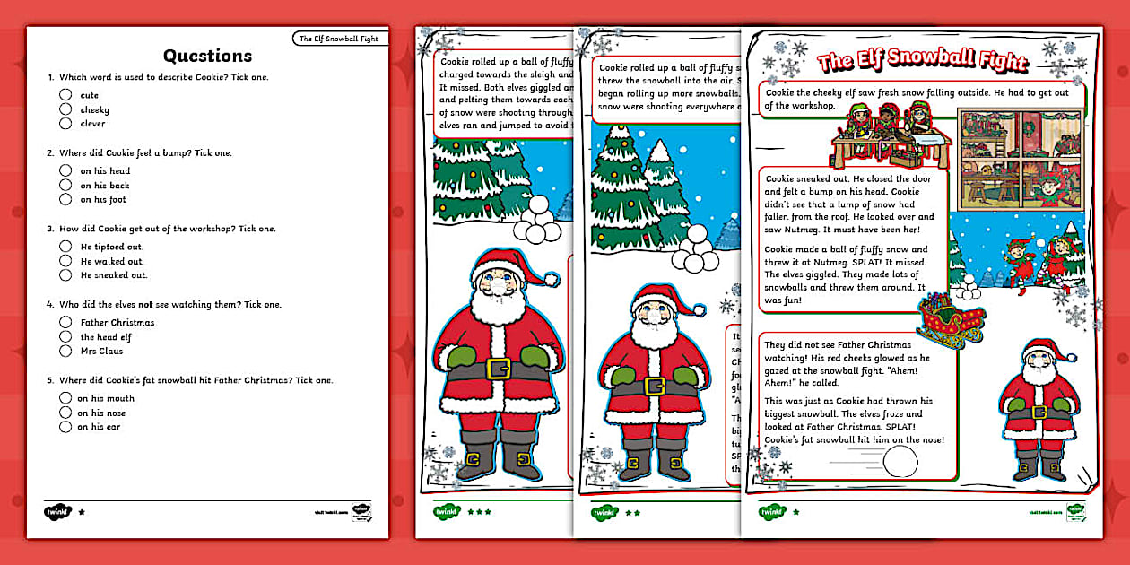 KS1 The Elf Snowball Fight Fictional Differentiated Reading Comprehension