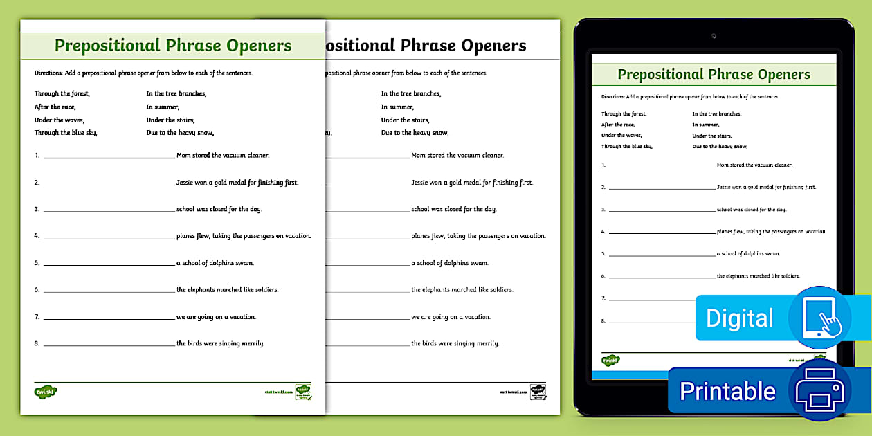 Prepositional Phrase Openers Activity Sheet for 3rd-5th Gr