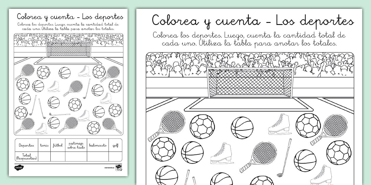 Ficha de actividad: Colorea y cuenta los deportes - Twinkl